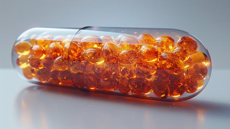 One Capsule in a Transparent Shell with Vitamin Granules Inside on the ...