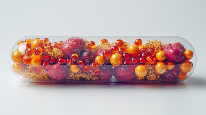 One Capsule in a Transparent Shell with Vitamin Granules Inside on the ...