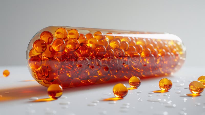 One Capsule in a Transparent Shell with Vitamin Granules Inside on the ...