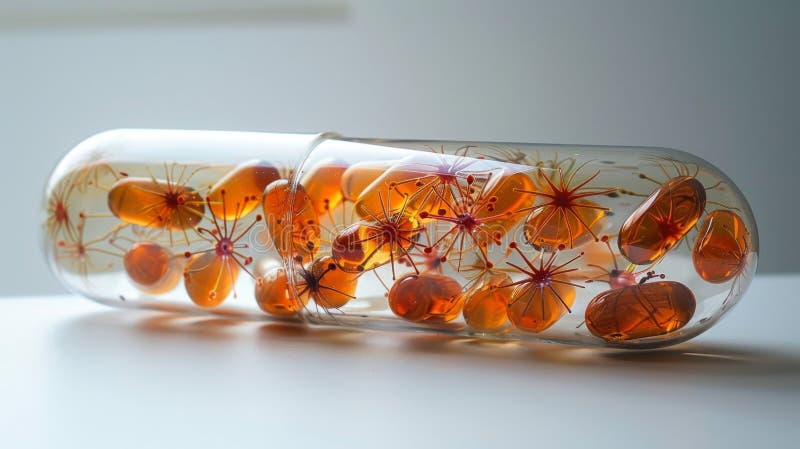 One Capsule in a Transparent Shell with Vitamin Granules Inside on a ...