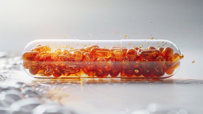 One Capsule in a Transparent Shell with Vitamin Granules Inside on the ...
