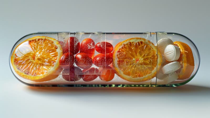 One Capsule in a Transparent Shell with Vitamin Granules Inside on the ...