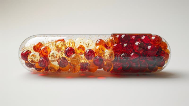 One Capsule in a Transparent Shell with Vitamin Granules Inside on the ...