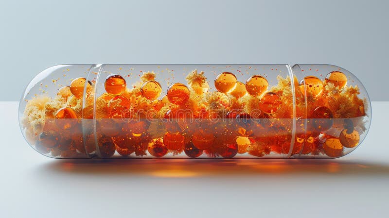One Capsule in a Transparent Shell with Vitamin Granules Inside on the ...