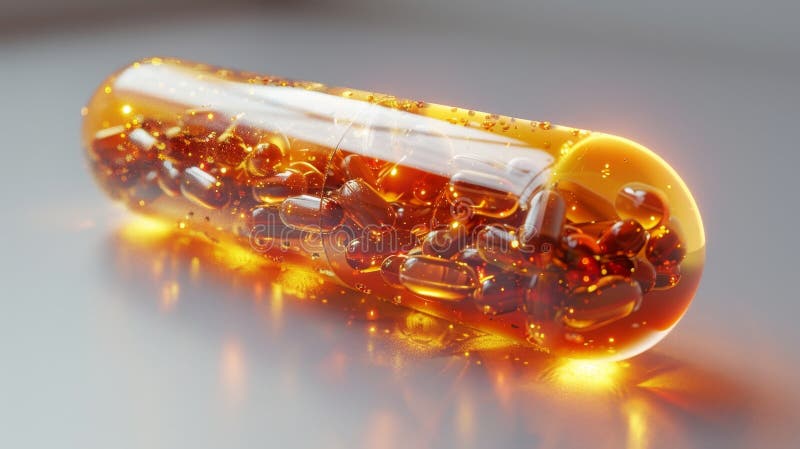 One Capsule in a Transparent Shell with Vitamin Granules Inside on the ...