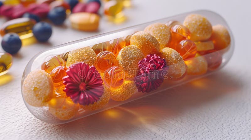 One Capsule in a Transparent Shell with Vitamin Granules Inside on the ...