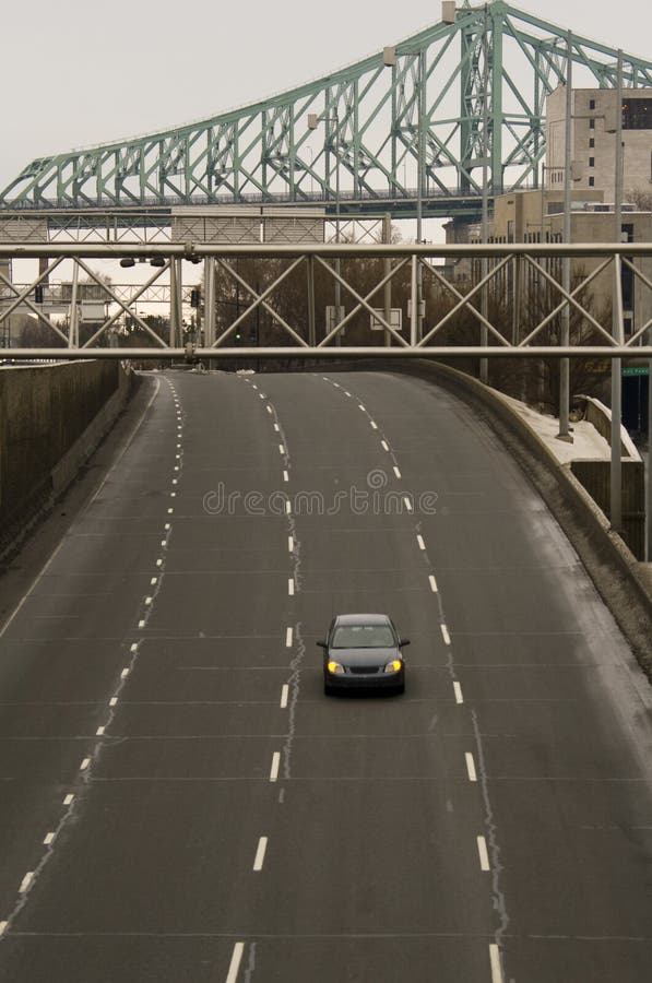 One Car on Four Lane Highway Bridge in Background Stock Photo - Image ...