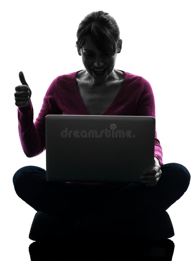 Woman Thumb Up Computing Laptop Computer Silhouette Stock Photo - Image ...