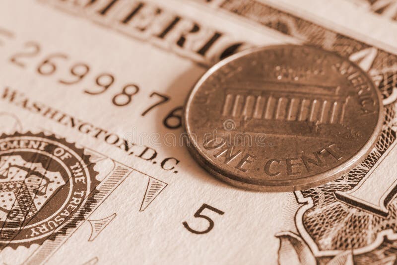 One Cent Coin on Banknote Close Up Stock Image - Image of silver ...