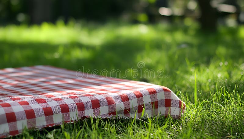 One Checkered Picnic Tablecloth on Green Grass Stock Image - Image of ...