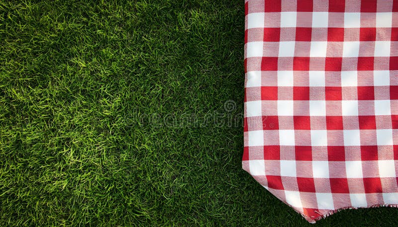 Checkered Picnic Tablecloth on Fresh Green Grass, Top View. Space for ...