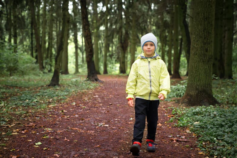 Child Lost in Forest. Little Boy Walks in Green Forest. Hiking ...