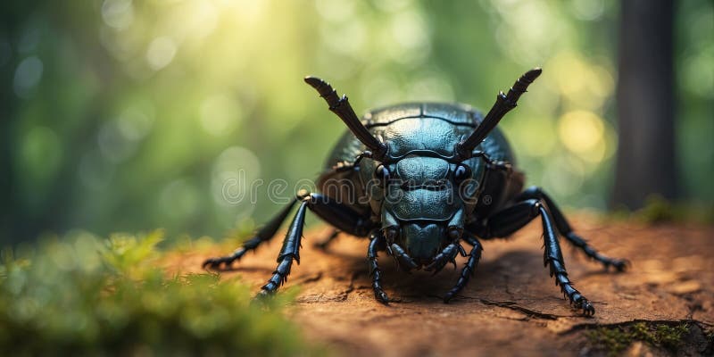 One Close-up of One Horned Beetle in a Forest. Stock Image - Image of ...