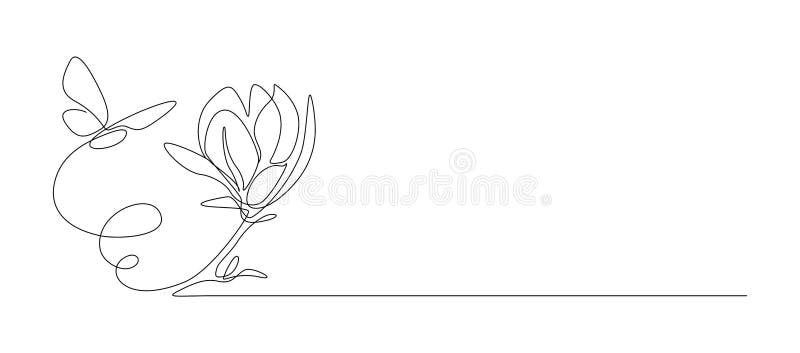 One Continuous Line Drawing of Butterfly with Flower. Thin Curl Border ...