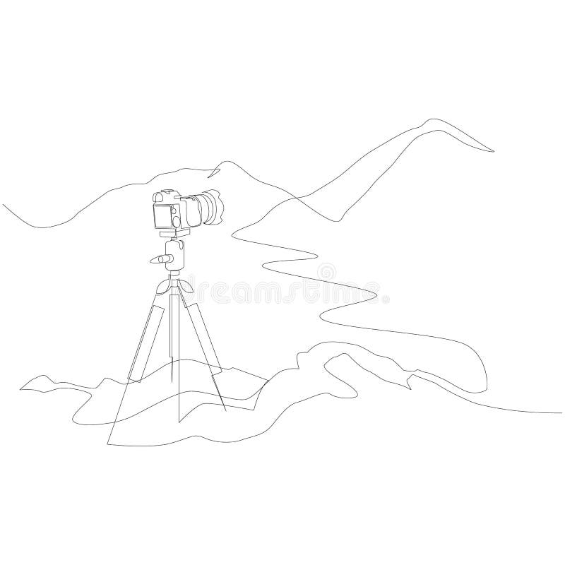 One Continuous Line Drawing of Camera on a Tripod Shooting Mountains ...