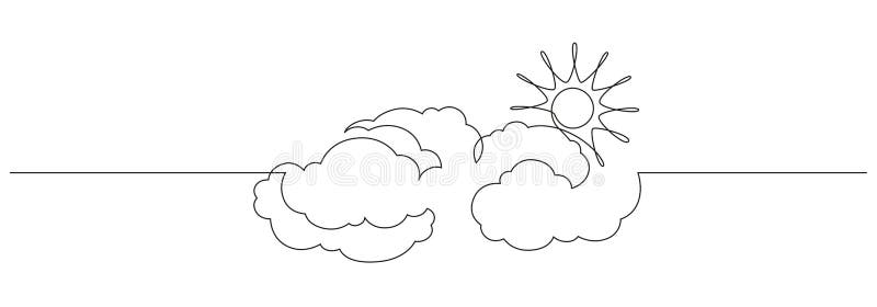 One Continuous Line Drawing of Clouds with Sun in the Sky. Weather ...