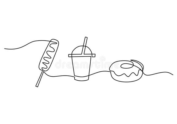 One Continuous Line Drawing of Donuts, Sweet Drinks and Candy Isolated ...