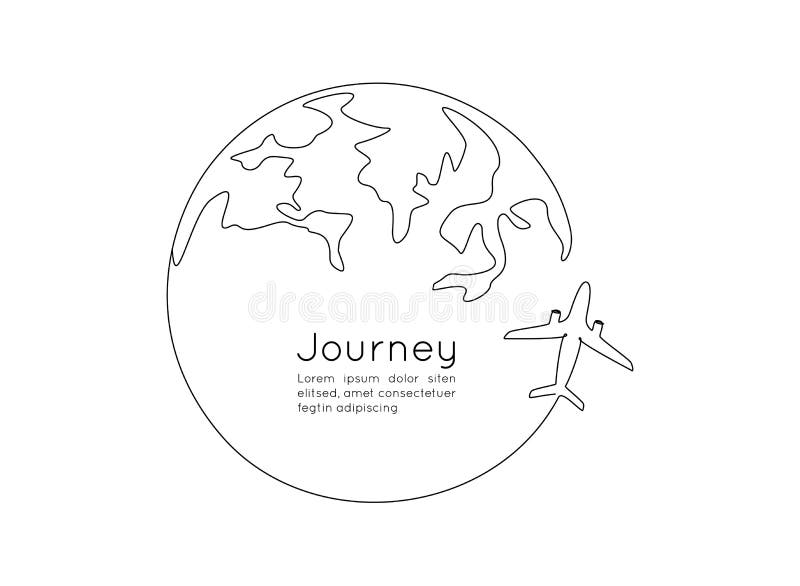 One Continuous Line Drawing of Earth Globe with Airplane. Flight Route ...