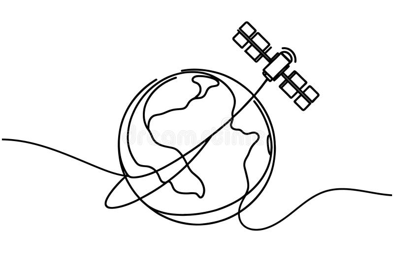 One Continuous Line Drawing of the Earth with a Satellite. Stock Vector ...