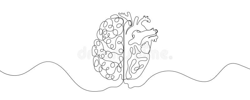 One Continuous Line Drawing of Half of a Human Brain and a Human Heart ...