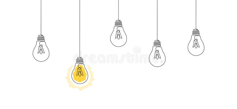 One Continuous Line Drawing of Hanging Light Bulbs with One Shining ...
