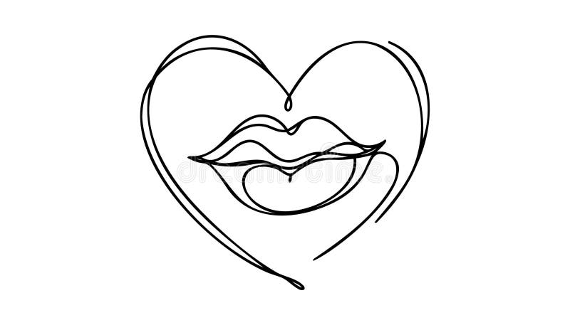 One Continuous Line Drawing of Mouth and Lips Inside of Heart Stock ...