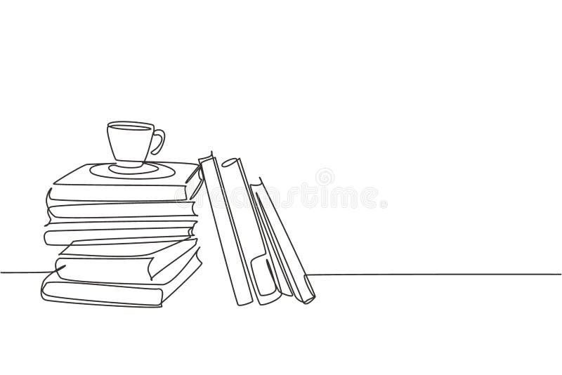 One Continuous Line Drawing of Pile of Books and a Cup of Coffee on ...