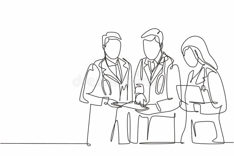 Single Continuous Line Drawing Of Group Of Male Doctor And Female