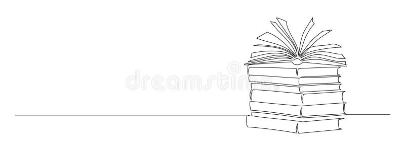 One Continuous Line Drawing of Stack Books and Opened Notebook with ...