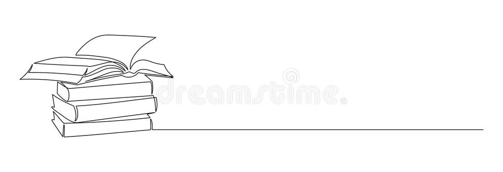 One Continuous Line Drawing of Stack Books and Opened Notebook with ...