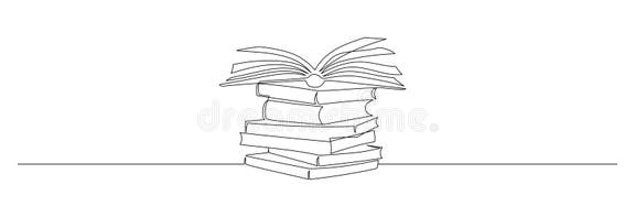 One Continuous Line Drawing of Stack Books and Opened Notebook with ...
