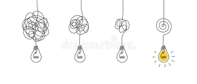 One Continuous Line Drawing of Tangled and Scribble Wires with Light Bulbs. Concept of Complex ...