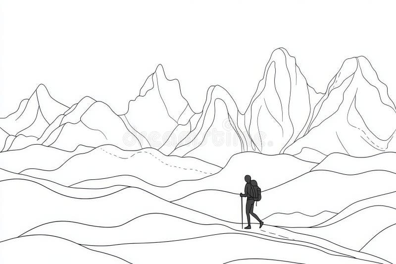One Continuous Line Drawing of a Tourist Hiking in the Mountains, Set ...