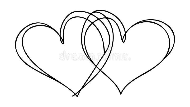 One Continuous Line Drawing of Two Hearts with Love Signs. Thin Curls ...