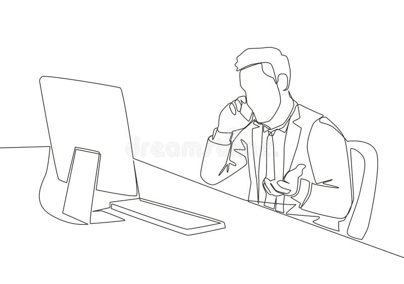 Single Continuous Line Drawing of Young Confused Call Center Worker ...