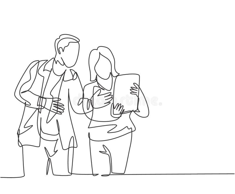 One Continuous Line Drawing of Young Startup Members Check the Work ...