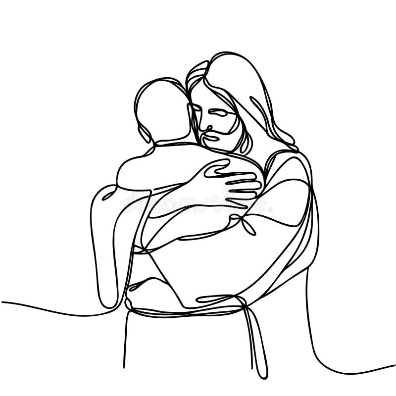 One Continuous Line Draws Jesus Hugging a Sinner Stock Vector ...