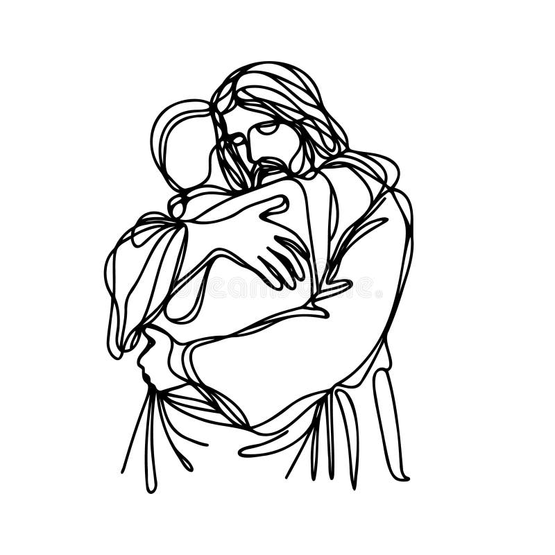 One Continuous Line Draws Jesus Hugging a Sinner Stock Vector ...