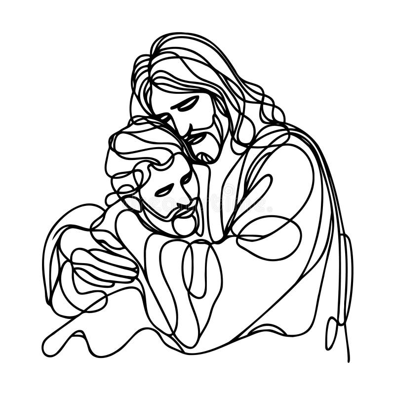 One Continuous Line Draws Jesus Hugging a Sinner Stock Vector ...