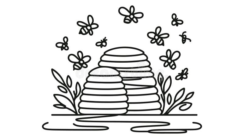 One Continuous Line Illustration of a Beehive with Bees, Isolated on ...