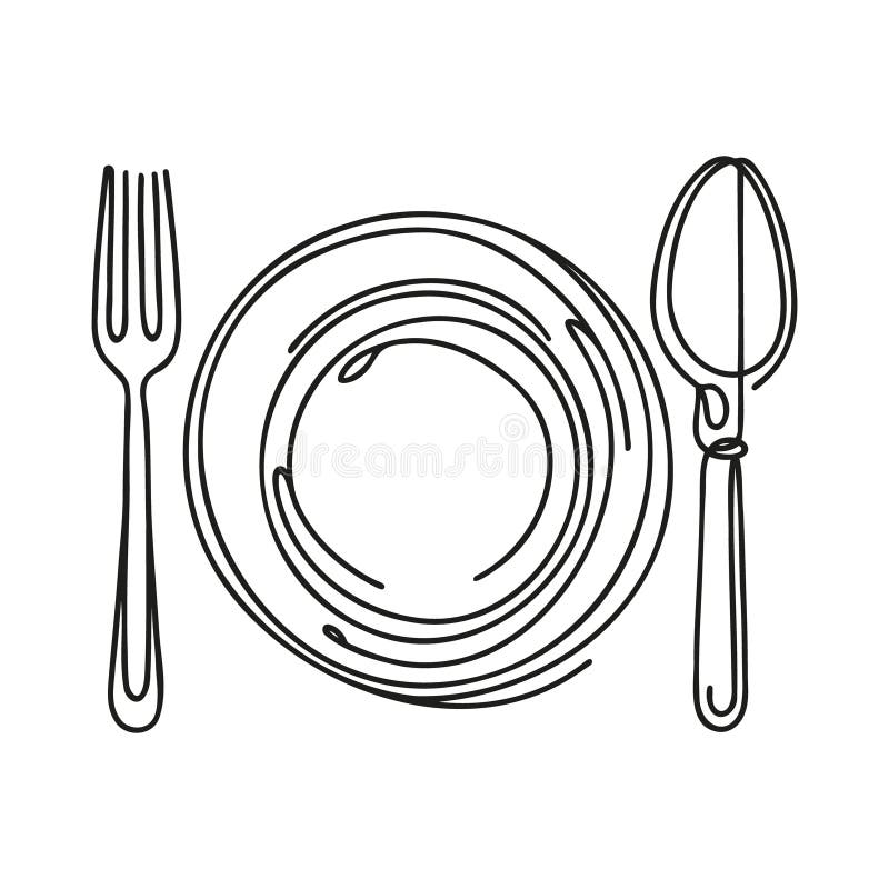 One Continuous Line Plate, Khife and Fork. Vector Illustration Stock ...