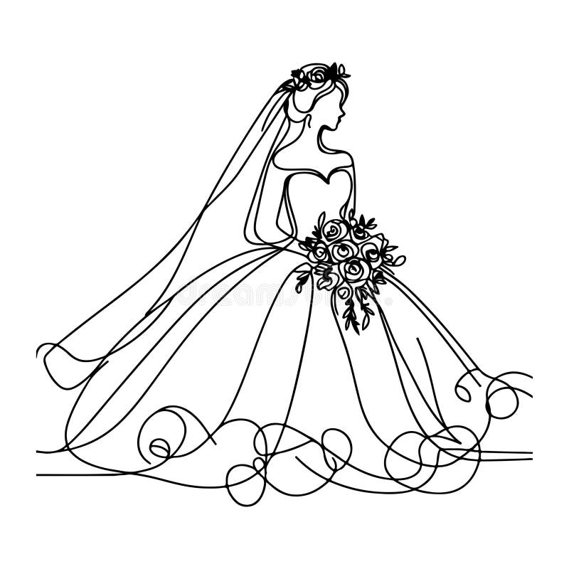 One Continuous Single Drawing Black Line Art Doodle of Bride Outline ...