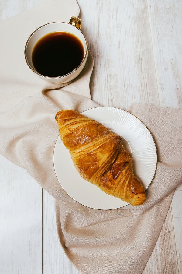 One Croissant with Coffee Cup Stock Photo - Image of bakery, breakfast ...