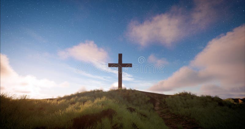 One Cross on the Hill with Clouds Moving on Blue Starry Sky Stock Image ...