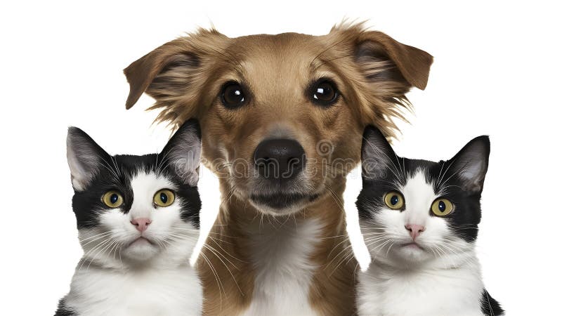 One Dog, Two Cats Together on a White Background. Stock Photo - Image ...