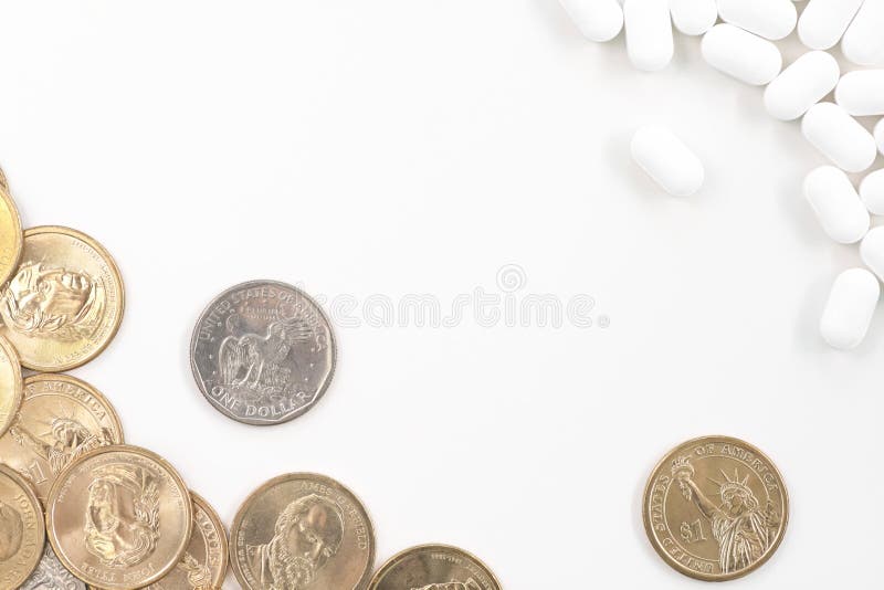 One Dollar Coins with White Pill Copyspace Stock Image - Image of ...
