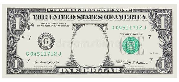 1 Dollar Bill Front with No Face Frame for Design Isolated on White ...