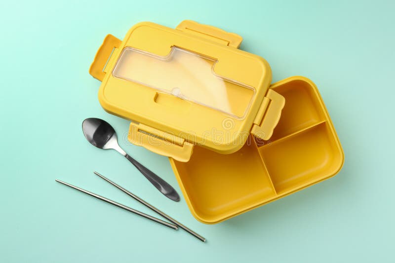 One Lunch Box Cutlery Light Blue Background Stock Photos - Free ...
