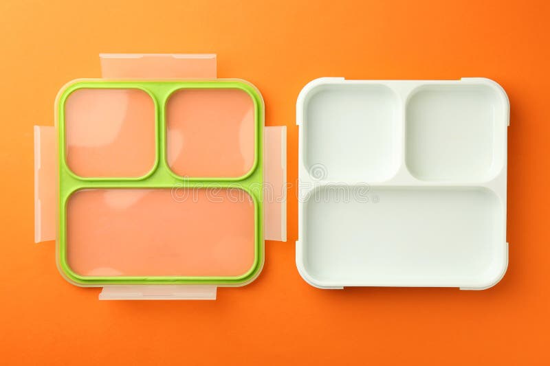 One Empty Lunch Box on Orange Background, Flat Lay Stock Photo - Image ...