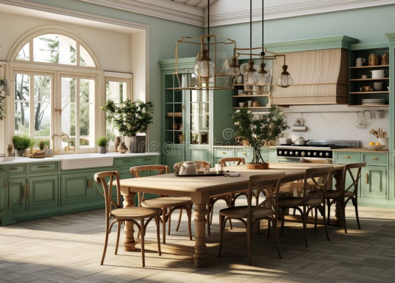 One Example of a High Ceiling Kitchen and Dining Room Stock Image ...